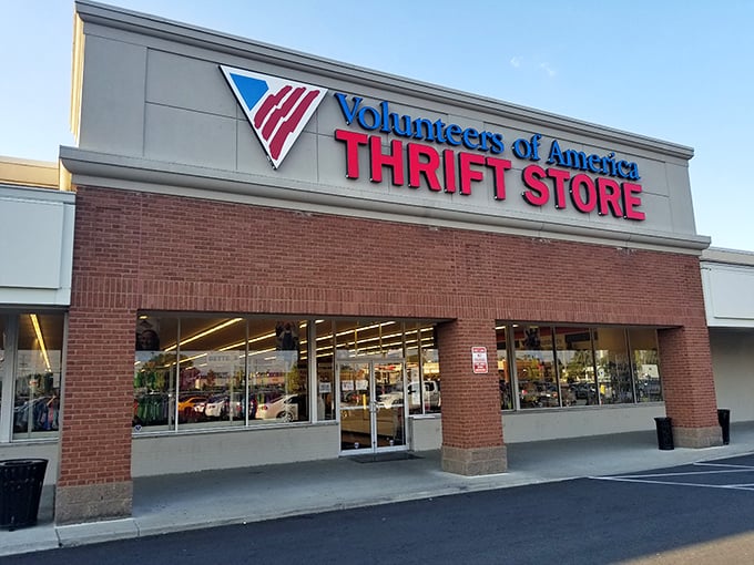 The evening sun casts a golden glow on this Columbus thrifting destination—a bargain hunter's paradise disguised as a strip mall storefront.