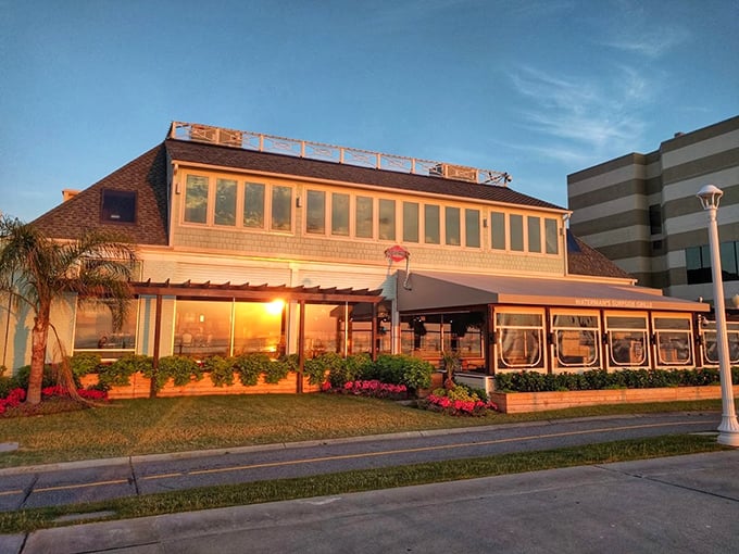 The evening light bathes Waterman's in a golden glow – nature's way of highlighting where to find Virginia Beach's best crab cakes.