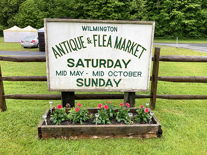 This charming sign, surrounded by flowers, promises seasonal outdoor shopping adventures for the whole family.