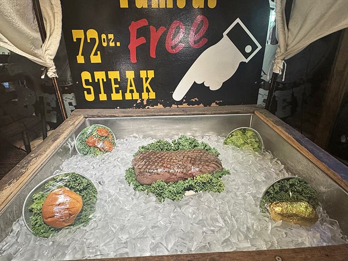 
The legendary 72-ounce steak challenge, displayed on ice like the Hope Diamond of beef. Many have tried, few have conquered, all have stories. 