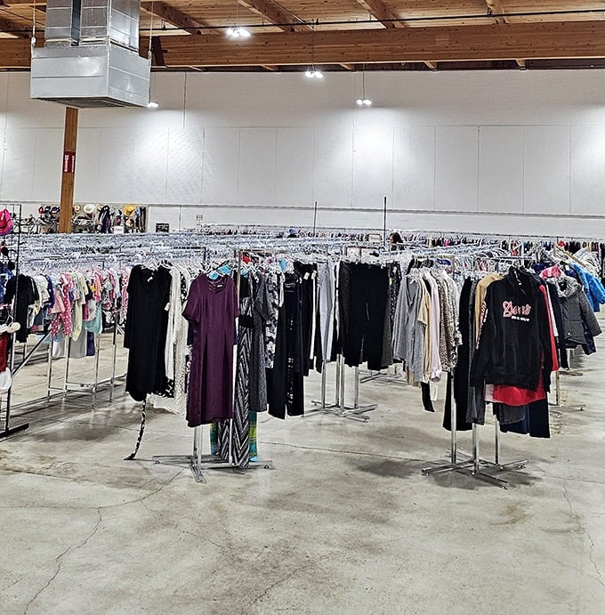 The clothing section stretches like an endless horizon of fashion possibilities—yesterday's trends waiting for tomorrow's creative styling.