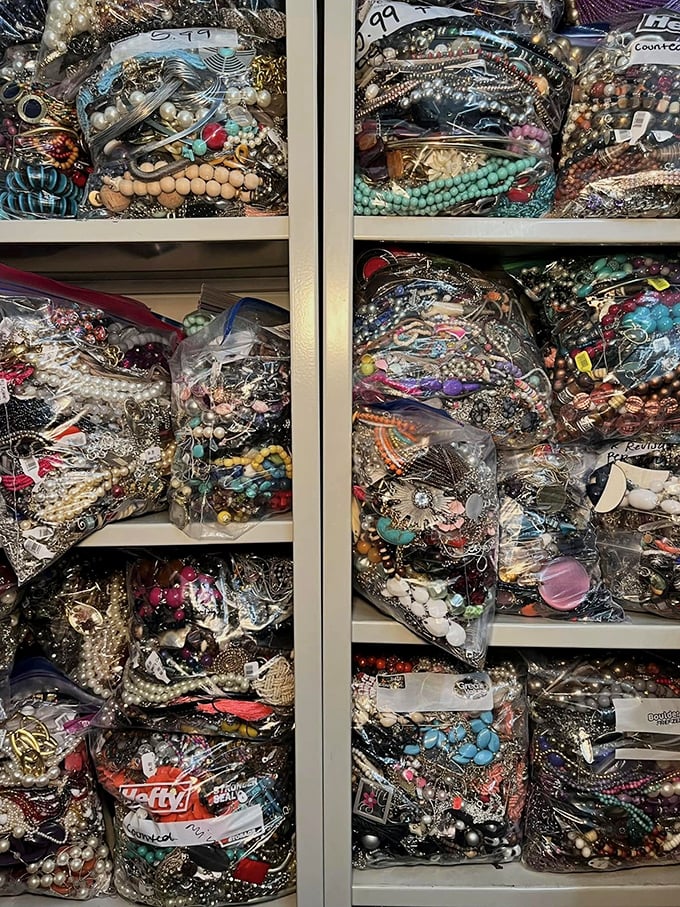 Jewelry treasure troves in clear bags—like archaeological digs for the fashionably curious. Each plastic pouch holds someone's former statement pieces.