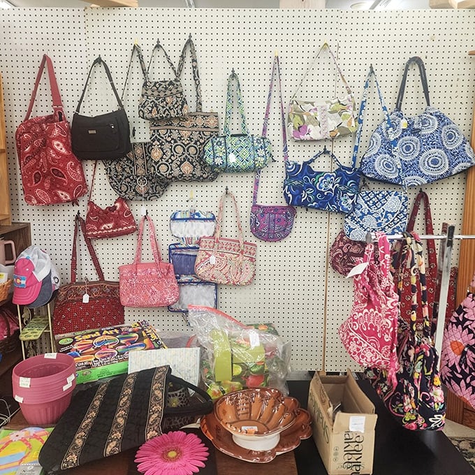 A pegboard paradise of purses and totes – from practical everyday carriers to statement pieces that'll have friends asking, "Where'd you find that?"