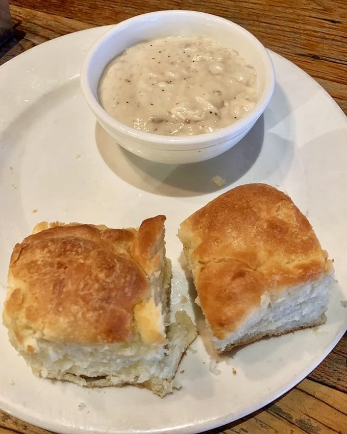 Biscuits so fluffy they could float away if not anchored by that heavenly pepper gravy. Southern comfort in its purest form.