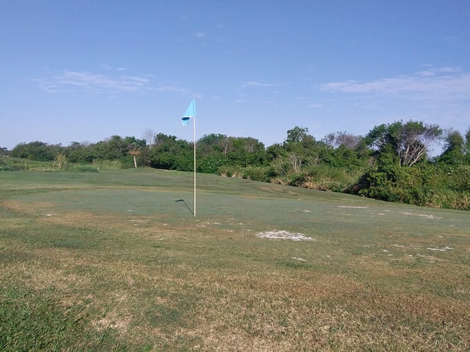 This golf flag stands lonely sentinel on a course where your slice won't endanger million-dollar beachfront condos. Golf as nature intended it.