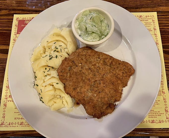 The breaded pork chop that launched a thousand road trips. Crispy exterior, juicy interior, and that cucumber salad—a refreshing counterpoint to meat perfection.