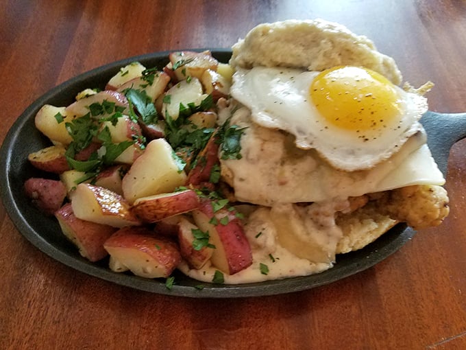 Breakfast that doesn't understand the concept of modesty. When potatoes, gravy, and a sunny-side-up egg have a family reunion.