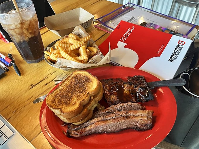 Brisket, toast, and crinkle fries—the holy trinity of BBQ satisfaction. Notice how the meat doesn't need a filter to look this good.