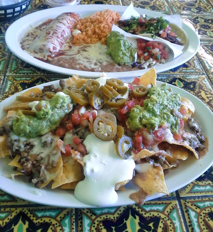 A fiesta on two plates! The combination platter brings friends together—rice, beans, and guacamole forming a delicious committee while nachos hold their own meeting below.