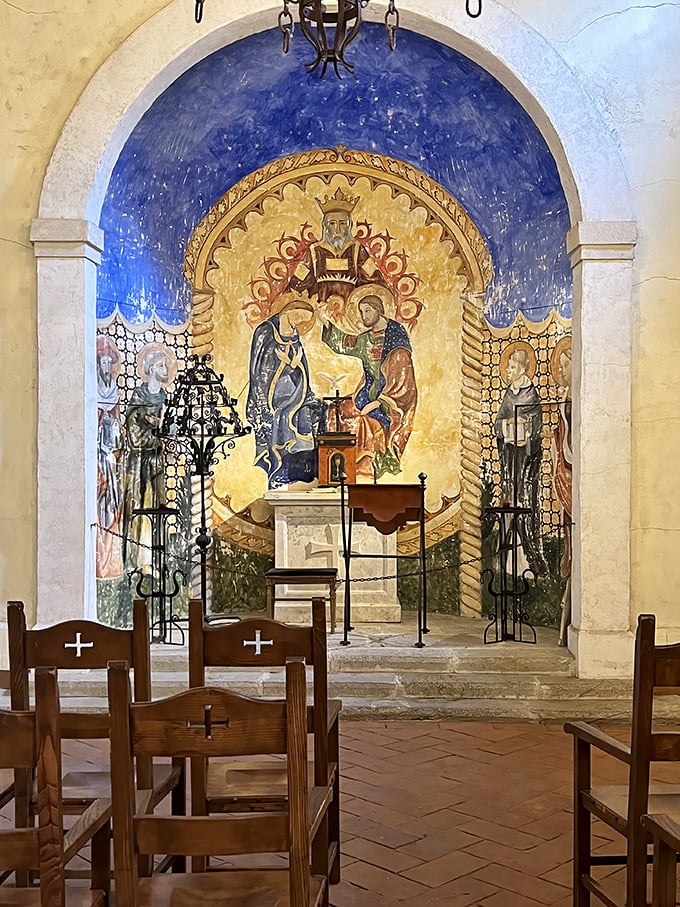 The intimate chapel offers a moment of tranquility amid wine tasting, its hand-painted murals rivaling those found in centuries-old European churches.