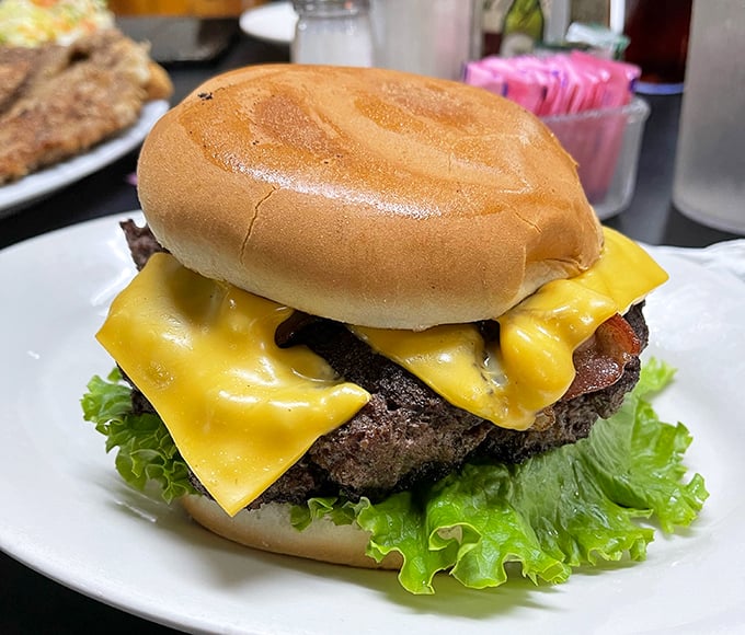 This isn't just a cheeseburger—it's a monument to beef architecture, with cheese melting like a Texas sunset over that perfectly seasoned patty.