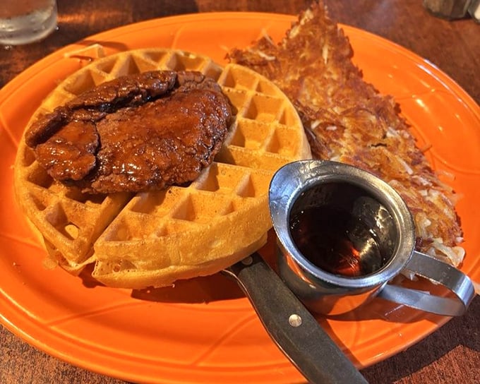 Chicken and waffles—the breakfast equivalent of a power couple, where sweet meets savory in a relationship that actually works.