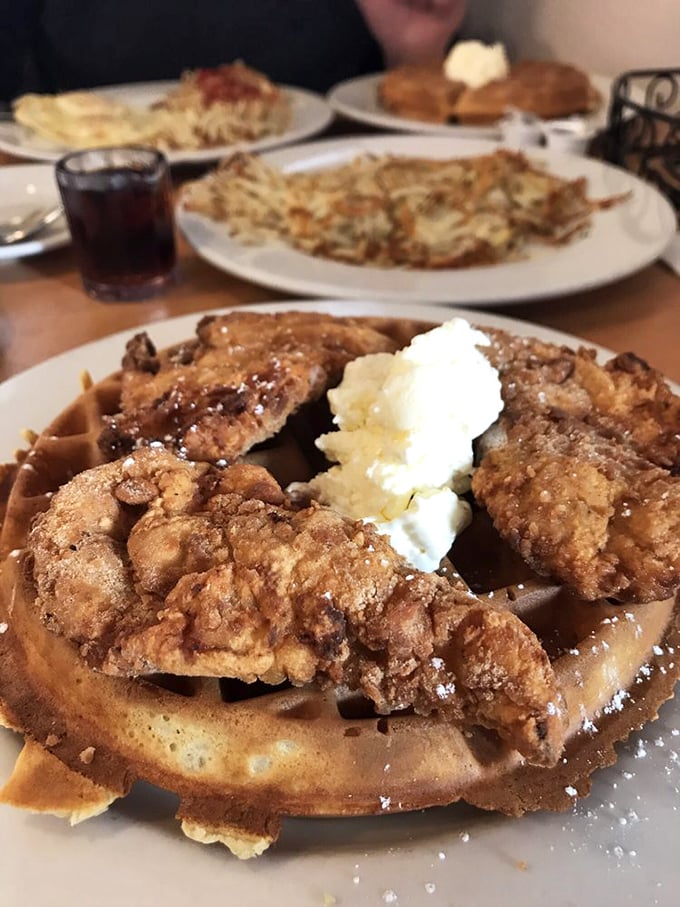 Chicken and waffles: where breakfast and dinner have a delicious identity crisis that nobody wants to resolve. 