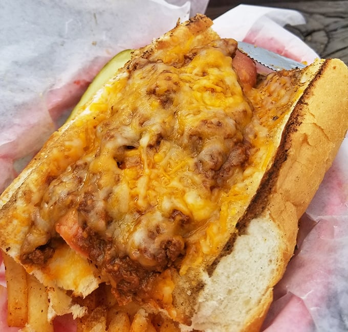 The chili cheese dog arrives like a delicious warning – this gloriously messy creation will ruin your shirt but absolutely make your day.