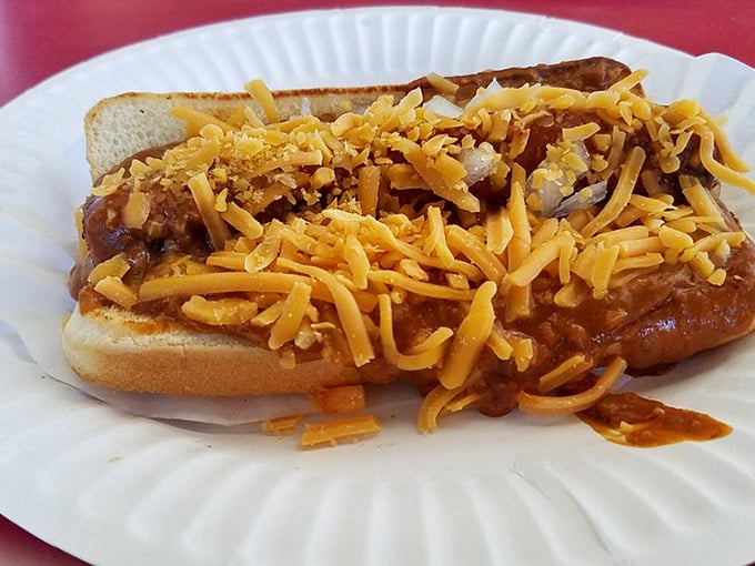 Chili dogs should be messy affairs, and this one delivers with a blanket of beefy chili and cheese that requires strategic eating techniques.