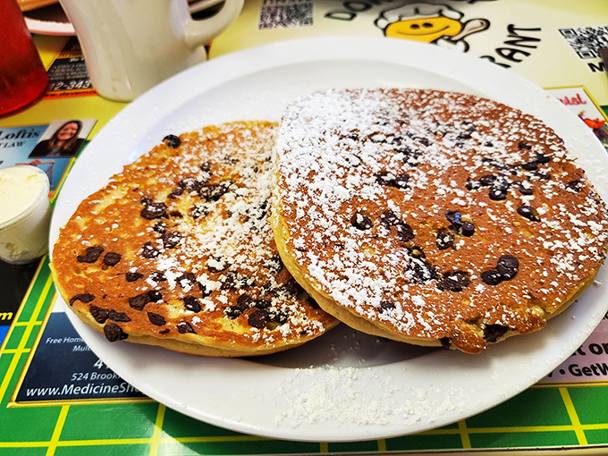 Chocolate chip pancakes that make you question why you'd ever eat anything else for breakfast. Fluffy, sweet, and unapologetically indulgent.