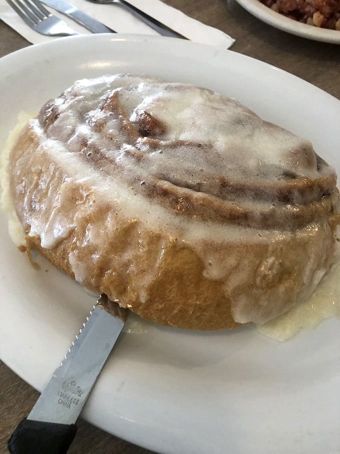 That cinnamon roll isn't just breakfast—it's an architectural achievement with a sweet glaze waterfall cascading down buttery layers.
