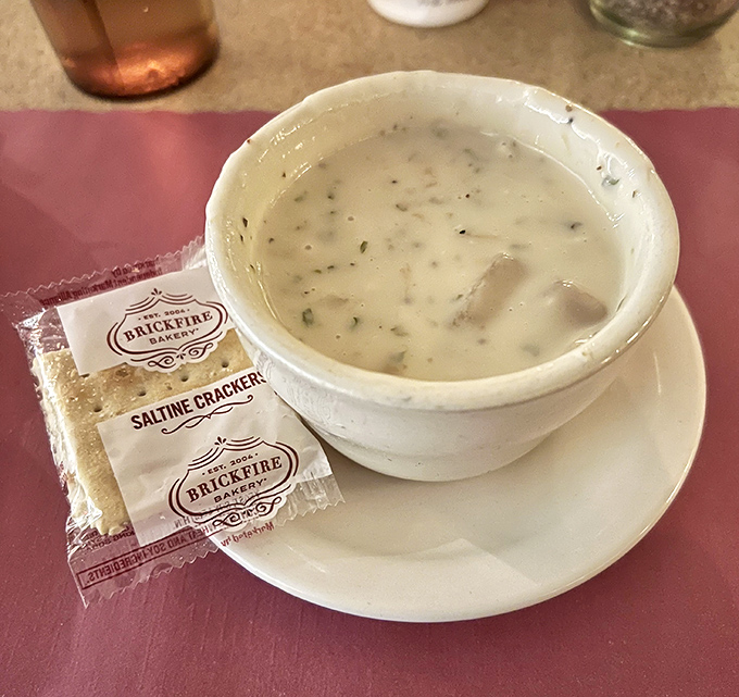 Clam chowder that could make a New Englander weep with joy, served with those perfectly crinkly packets of saltines.