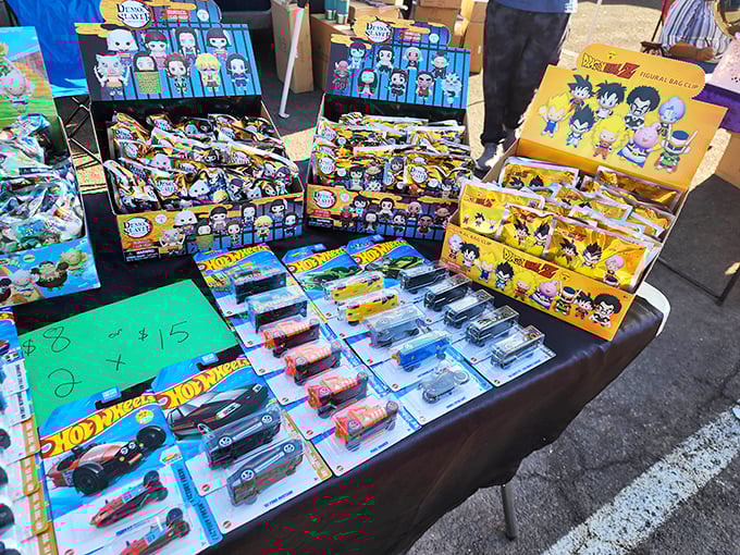 Hot Wheels and anime figures create a nostalgic wonderland where childhood memories cost less than your morning latte.