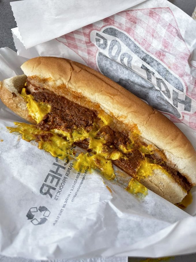 The coney dog—where spiced meat sauce meets yellow mustard in a relationship more harmonious than most Hollywood marriages.