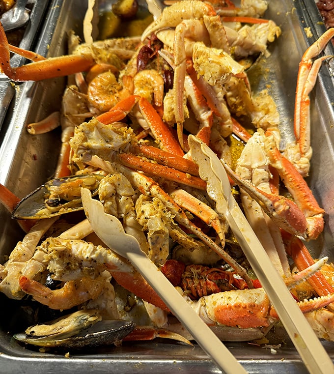 Snow crab legs—the undisputed royalty of any buffet. Nothing says "special occasion" quite like these seasoned beauties.