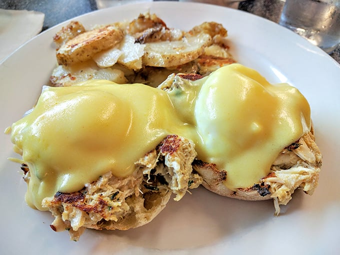 Eggs Benedict gets the coastal Pennsylvania treatment with real crab meat. The hollandaise sauce practically glows with buttery promise, like morning sunshine on a plate.