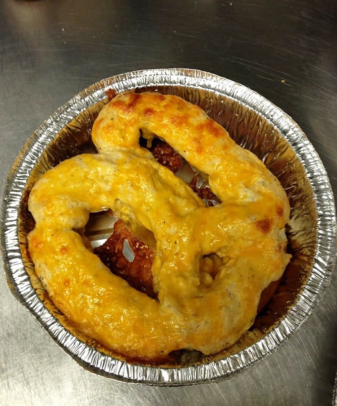 A crab pretzel that looks like it escaped from a Chesapeake Bay fever dream – gloriously cheesy.