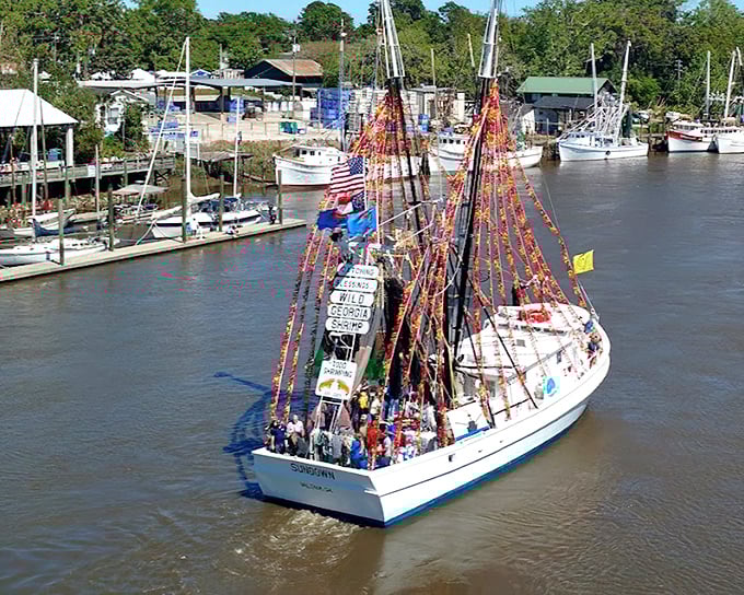 Decorated for the Blessing of the Fleet festival, this shrimp boat showcases Darien's maritime soul – where working vessels become floating works of art once a year.