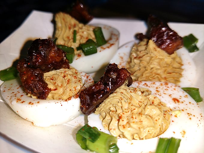 Deviled eggs get the barbecue treatment with burnt ends on top—proof that sometimes the best innovations are the simplest ones.
