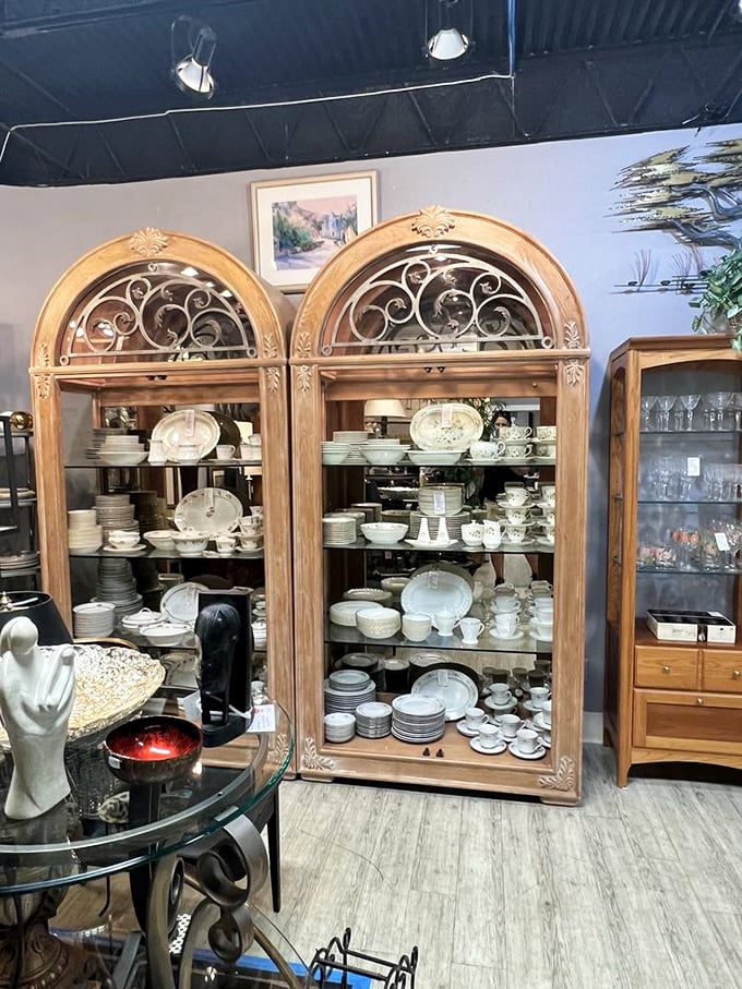 Those magnificent arched display cabinets weren't born in a big box store—they're the kind of elegant find that makes thrift veterans do a victory dance.