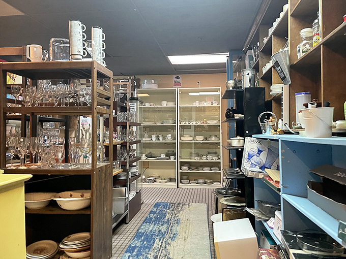 A dishware paradise where your grandmother's china pattern mingles with mid-century glassware, all waiting for a second chance at dinner party stardom.