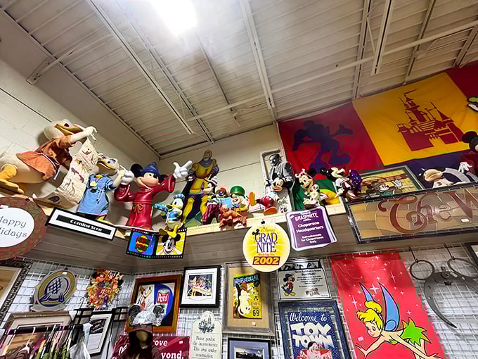Disney character figurines stand guard over a colorful kingdom of memorabilia. Mickey and friends have found a second home atop this collector's paradise.