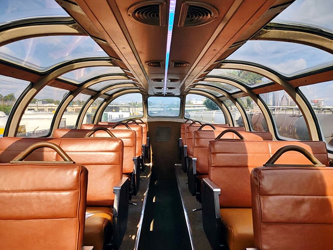 The dome car's panoramic ceiling and leather seats – nature's IMAX theater before IMAX was even a thing.