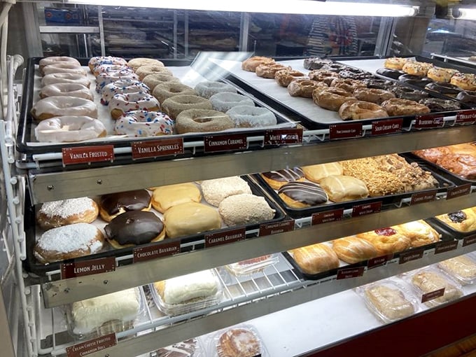 The donut display case—where willpower goes to die and breakfast dreams come true, one glazed masterpiece at a time.