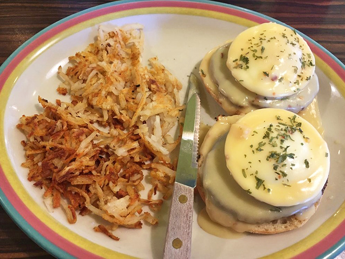 Eggs Benedict elevated to art form – hollandaise dreams do come true on weekday mornings.
