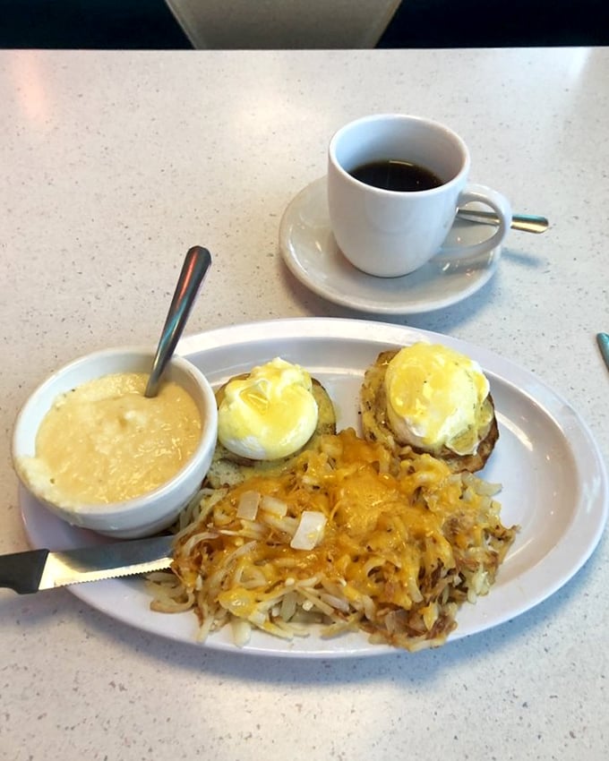 Eggs Benedict done right, with grits that'll make you understand why Southerners never stop talking about them.