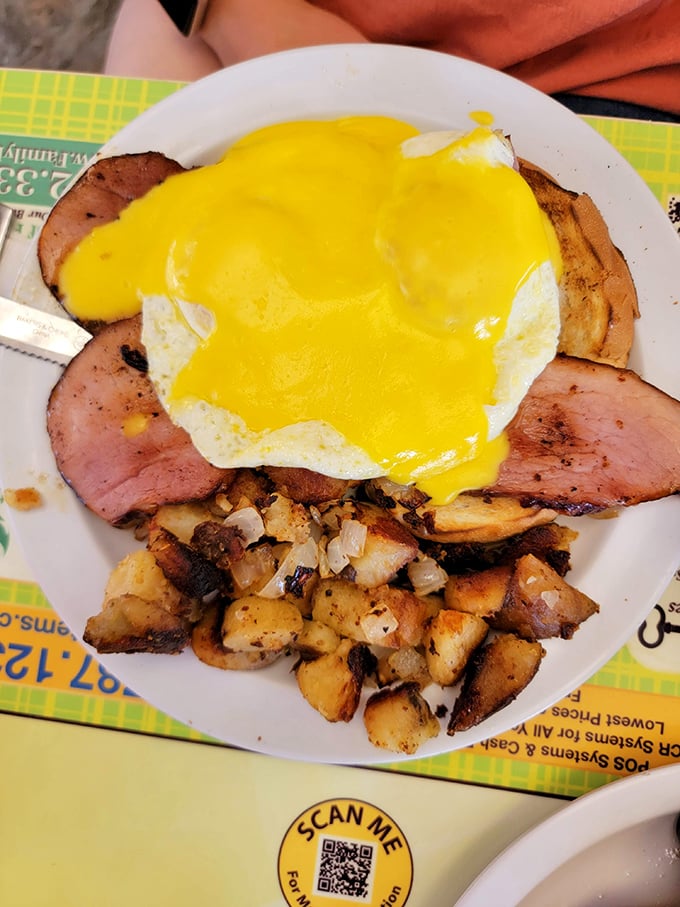 Ham and eggs with home fries – the breakfast equivalent of a warm hug from your favorite aunt who always sneaks you extra dessert.