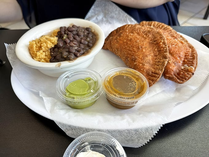 An empanada and rice-bean combo that would make your abuela nod in approval. Comfort food crosses cultural boundaries with delicious results.