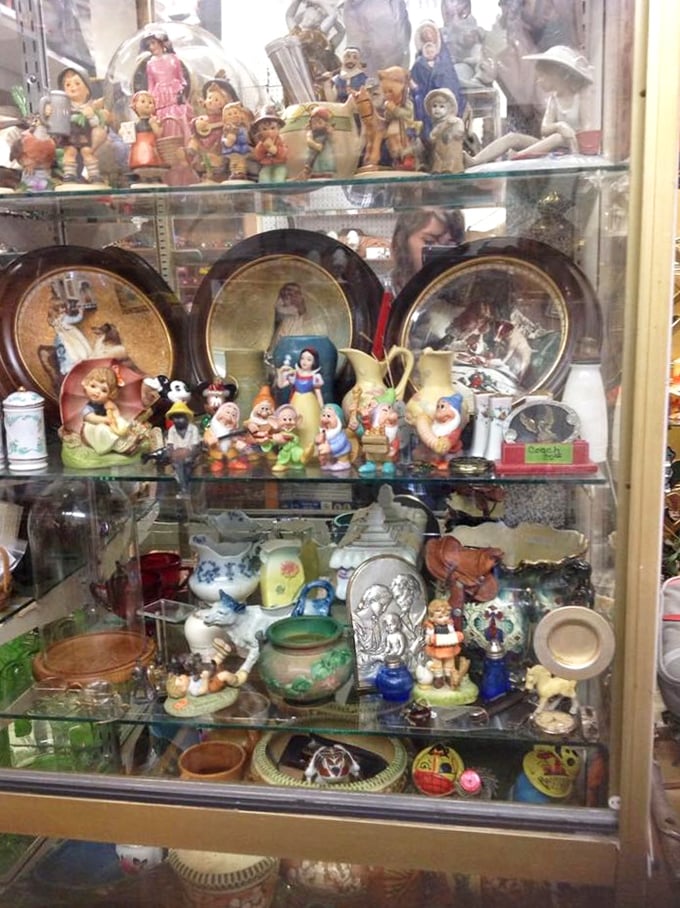 Snow White and the Seven Dwarfs stand guard over a menagerie of figurines—childhood memories preserved under glass, waiting for their next adventure.