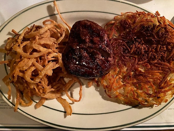 Filet mignon with crispy hash browns—a pairing so perfect it should have its own holiday. Tender meets crispy in a dance of textural brilliance.