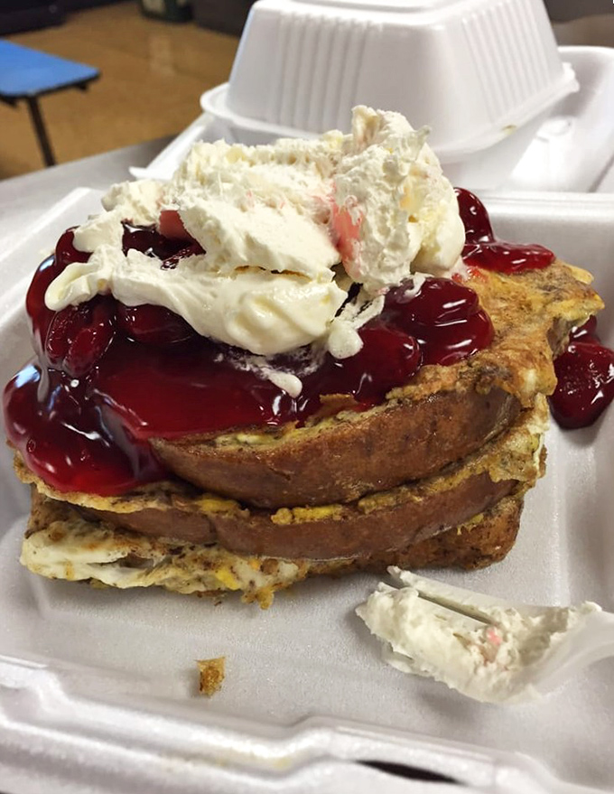 French toast towers dripping with cherry bliss – because sometimes breakfast needs to feel like dessert.