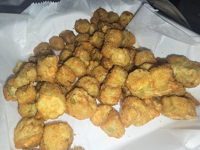 Fried okra done right—crispy little nuggets of Southern tradition that convert even the most skeptical vegetable avoiders.