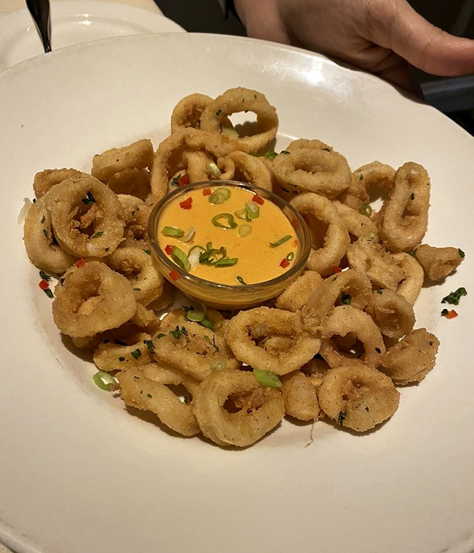 Perfectly golden calamari rings surrounding that vibrant dipping sauce—a crispy, tender reminder of why classics never go out of style.