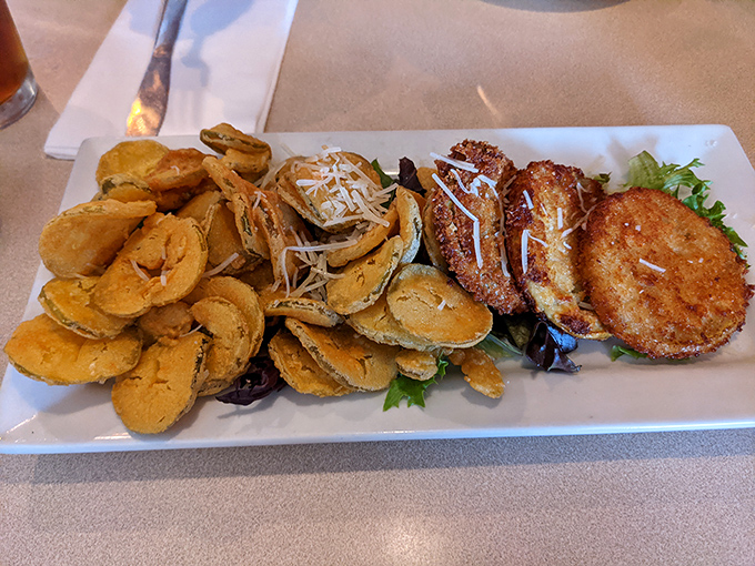 Fried green tomatoes and zucchini that would make Fannie Flagg herself stand up and applaud. Crispy outside, tender inside—the textural dream team.