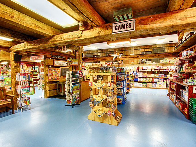 Wooden beams frame a wonderland of analog entertainment—board games and puzzles that have survived generations without needing batteries.