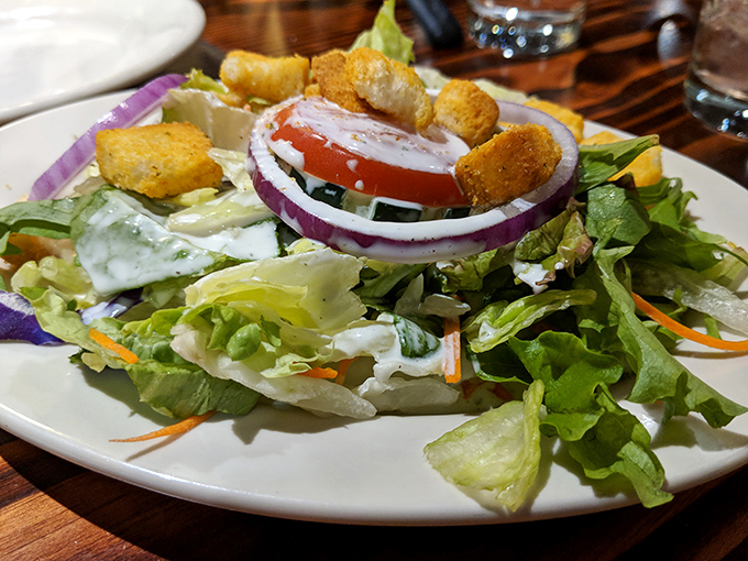 A crisp garden salad that doesn't apologize for being healthy—it just shows up with purple onions and croutons like welcome party guests.