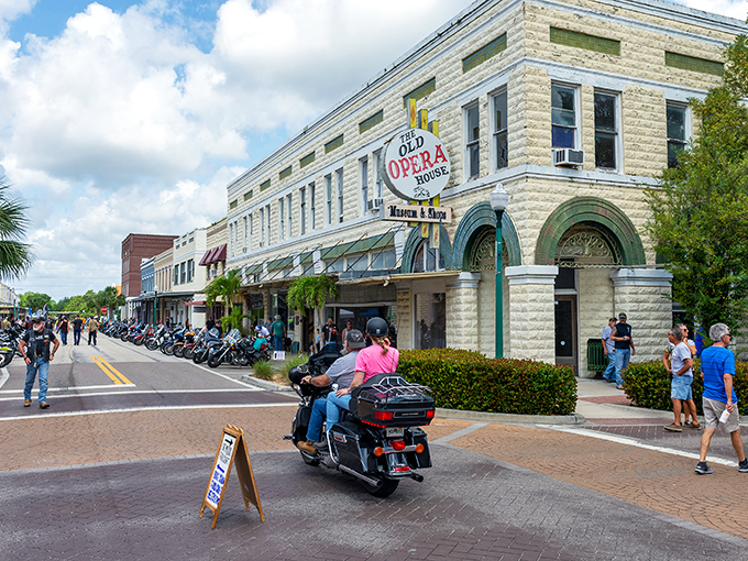 The limestone façade of the Old Opera House anchors Arcadia's historic district, now hosting visitors who come for antiques and stay for the atmosphere. 