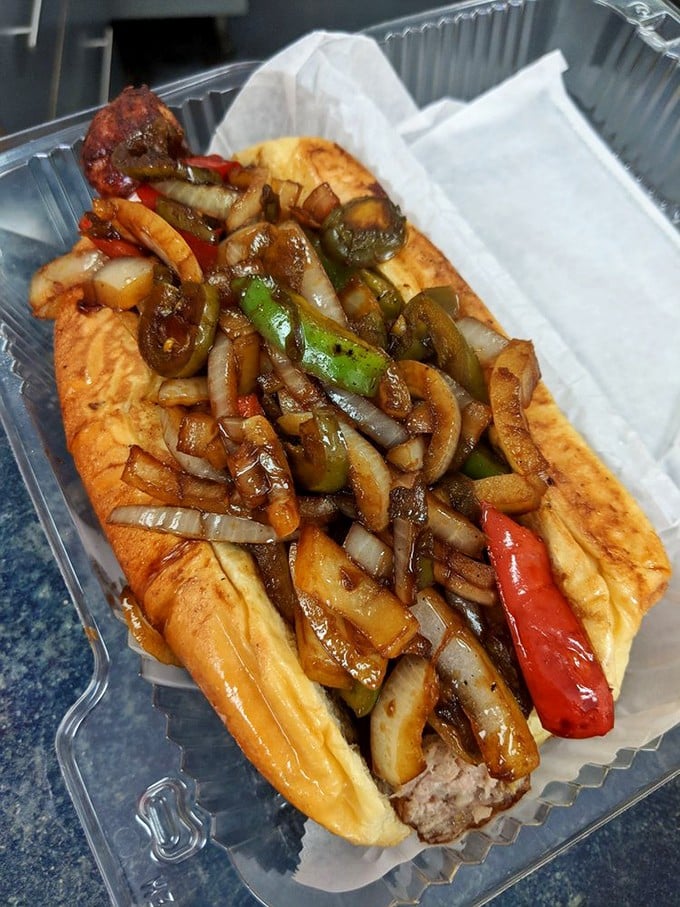 Sautéed peppers and onions cascade over this Italian sausage like confetti at a parade. Your taste buds will join the celebration.