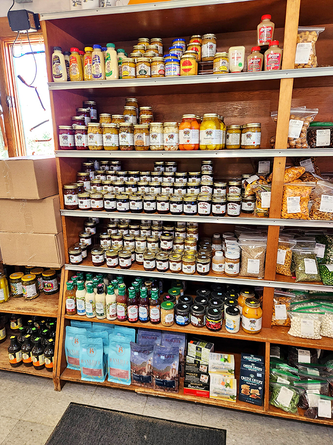 The jam and preserve section—where fruits go to achieve immortality. These jars contain summer sunshine, ready to brighten even the grayest Ohio winter day.
