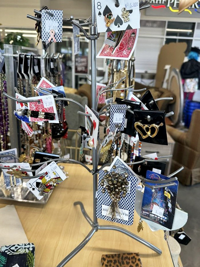 Jewelry displayed like a deck of cards—clever and tempting. Each piece tells a story from its previous life while waiting to accessorize yours.